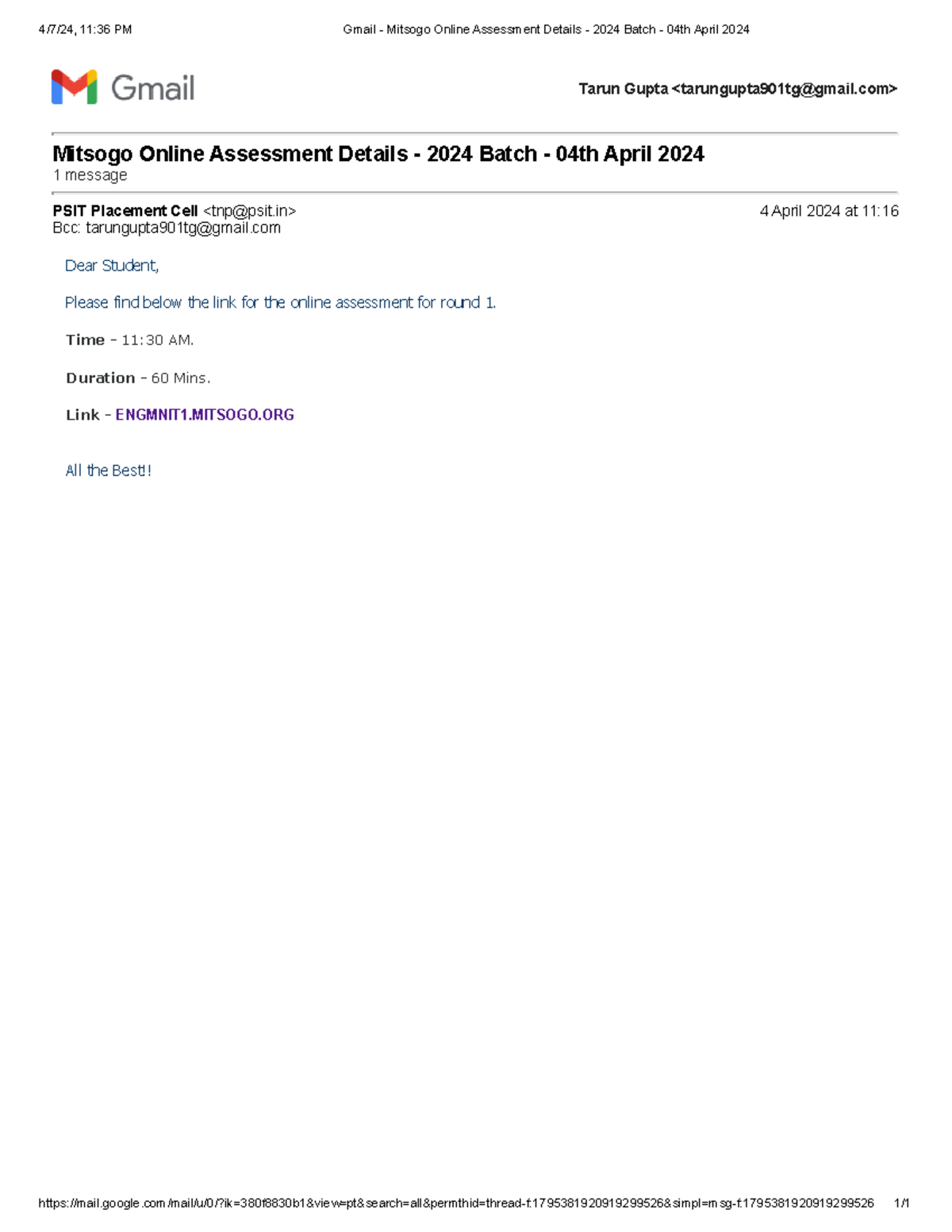 Gmail - Mitsogo Online Assessment Details - 2024 Batch - 04th April ...