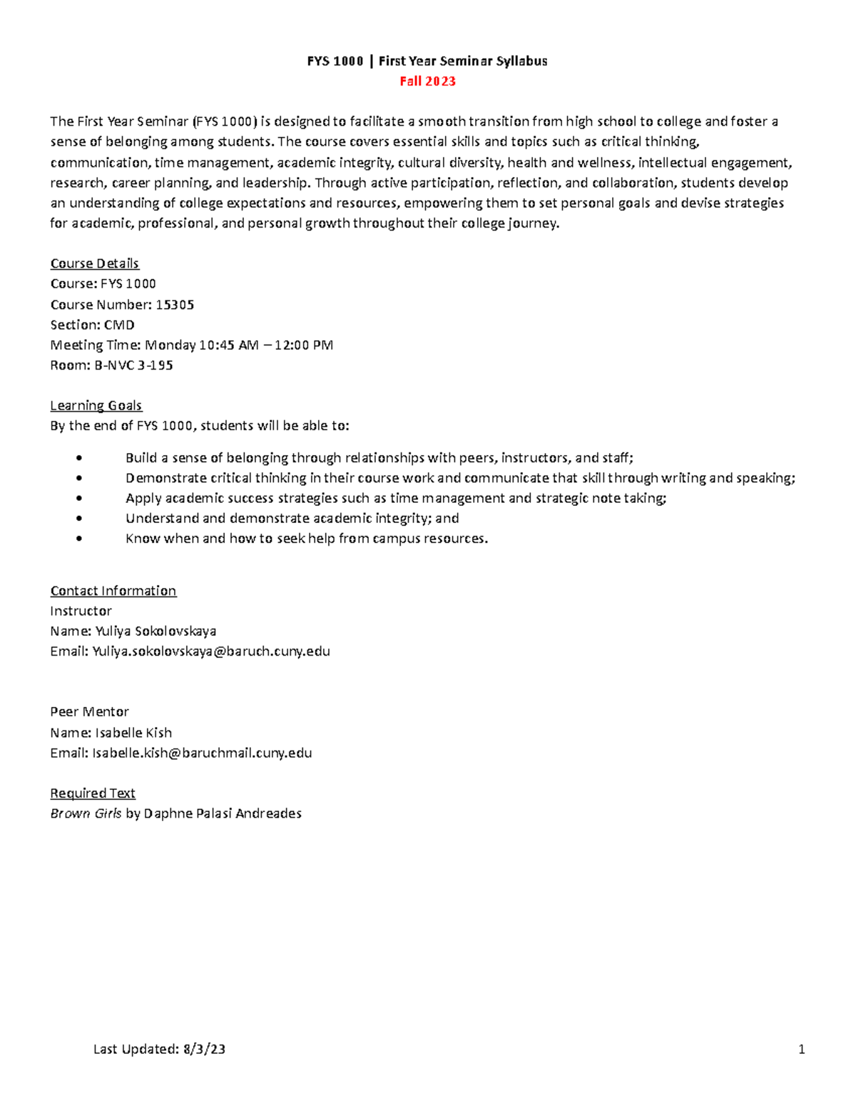 FYS CMD Syllabus Fall 2023 - FYS 1000 | First Year Seminar Syllabus ...