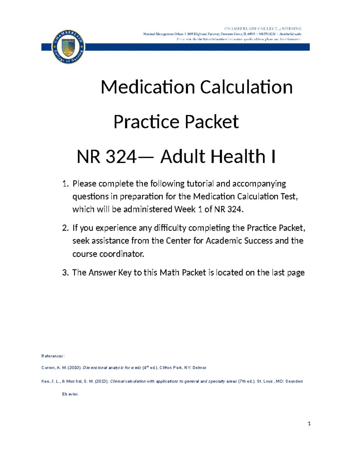 NR324 Med Surg Math Packet with Added KEY - Medication Calculation ...
