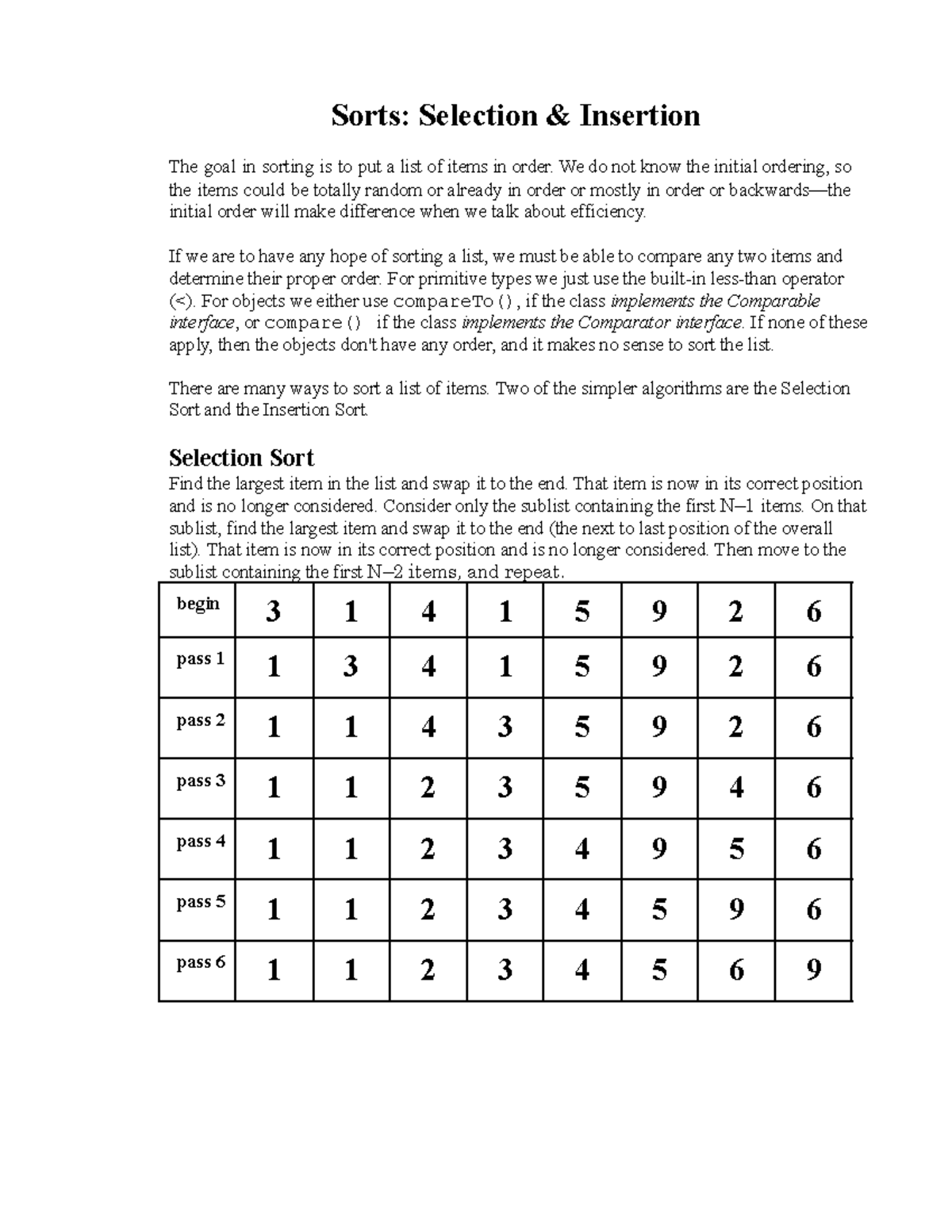 Selection+and+Insertion+Worksheet - Sorts: Selection & Insertion The goal in sorting is to put a ...
