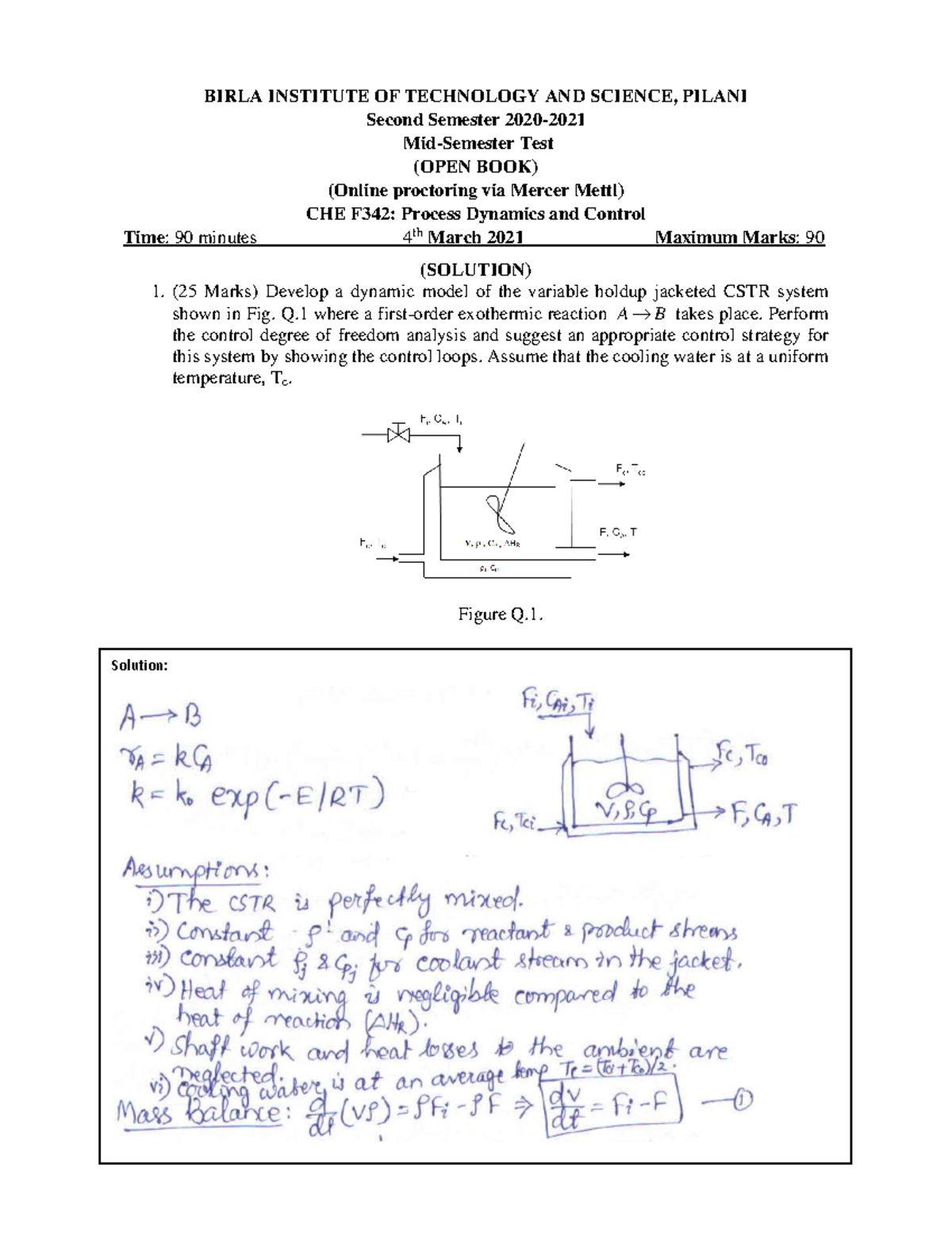 PDC Midsemester exam solutions - Process Dynamics and Control - BITS ...