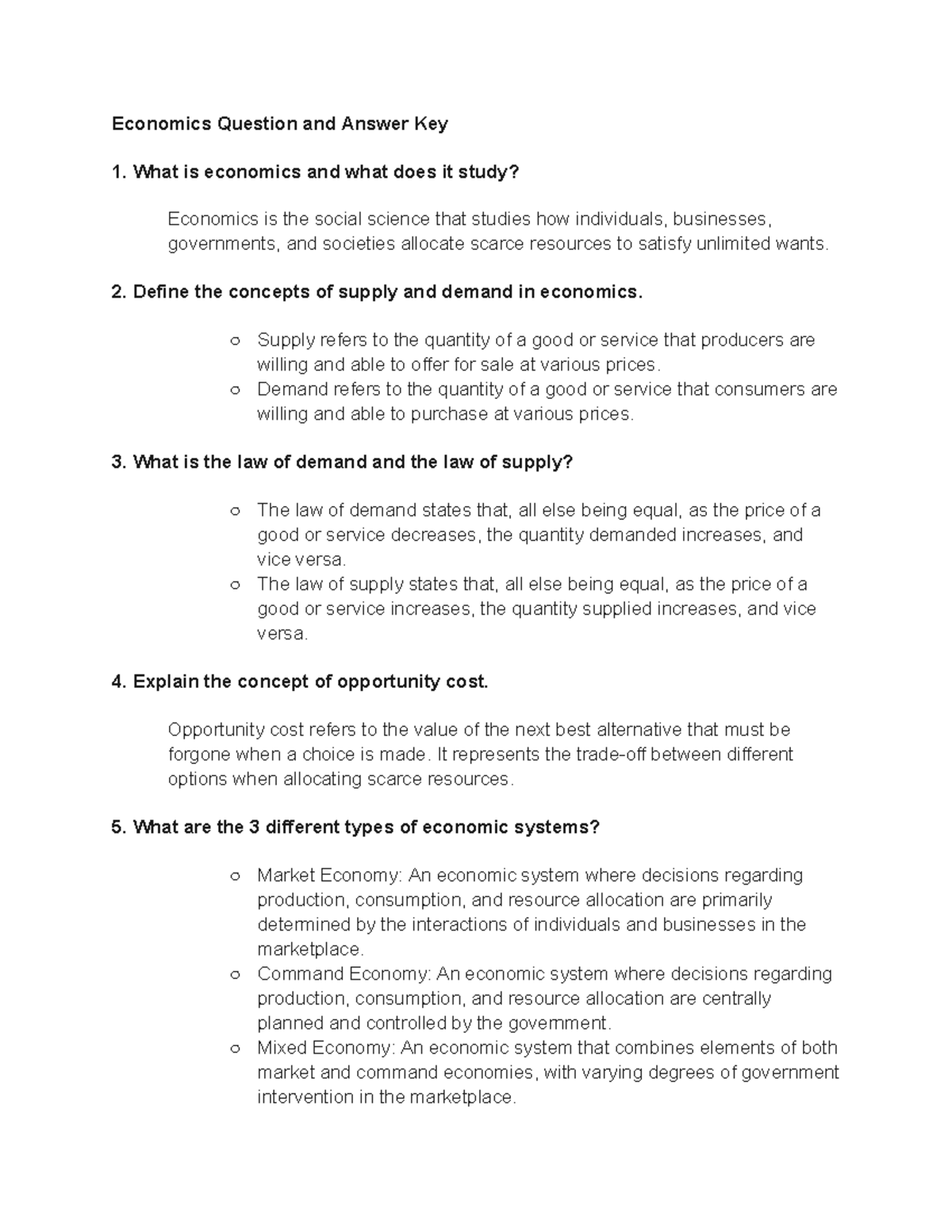 Economics Question and Answer Key - Define the concepts of supply and ...
