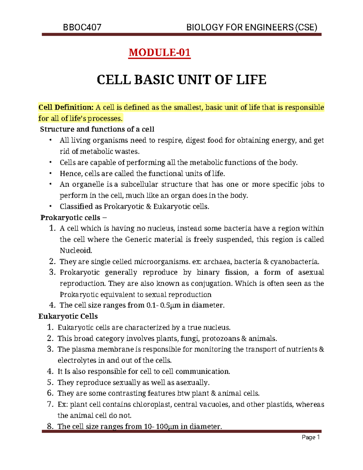 Module 1 Notes - ... - Page 1 MODULE- CELL BASIC UNIT OF LIFE Cell ...