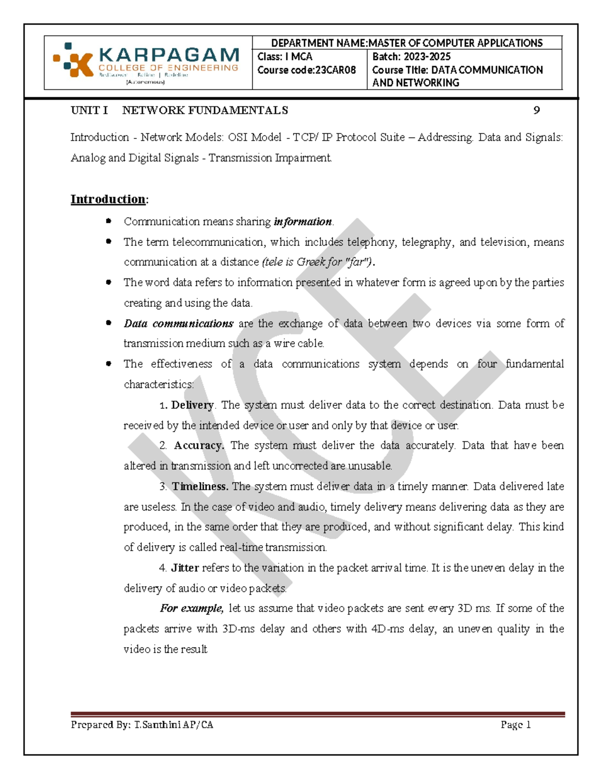 Data Communications and Networking - Class: I MCA Course code:23CAR Batch: 2023- Course Title ...