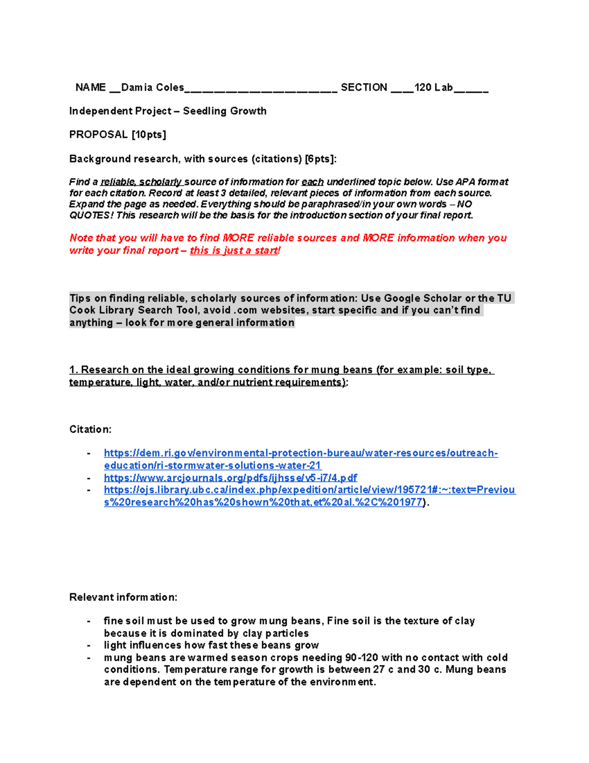 Bio proposal Lab - NAME Damia Coles________________________ SECTION 120 Lab__ Independent ...