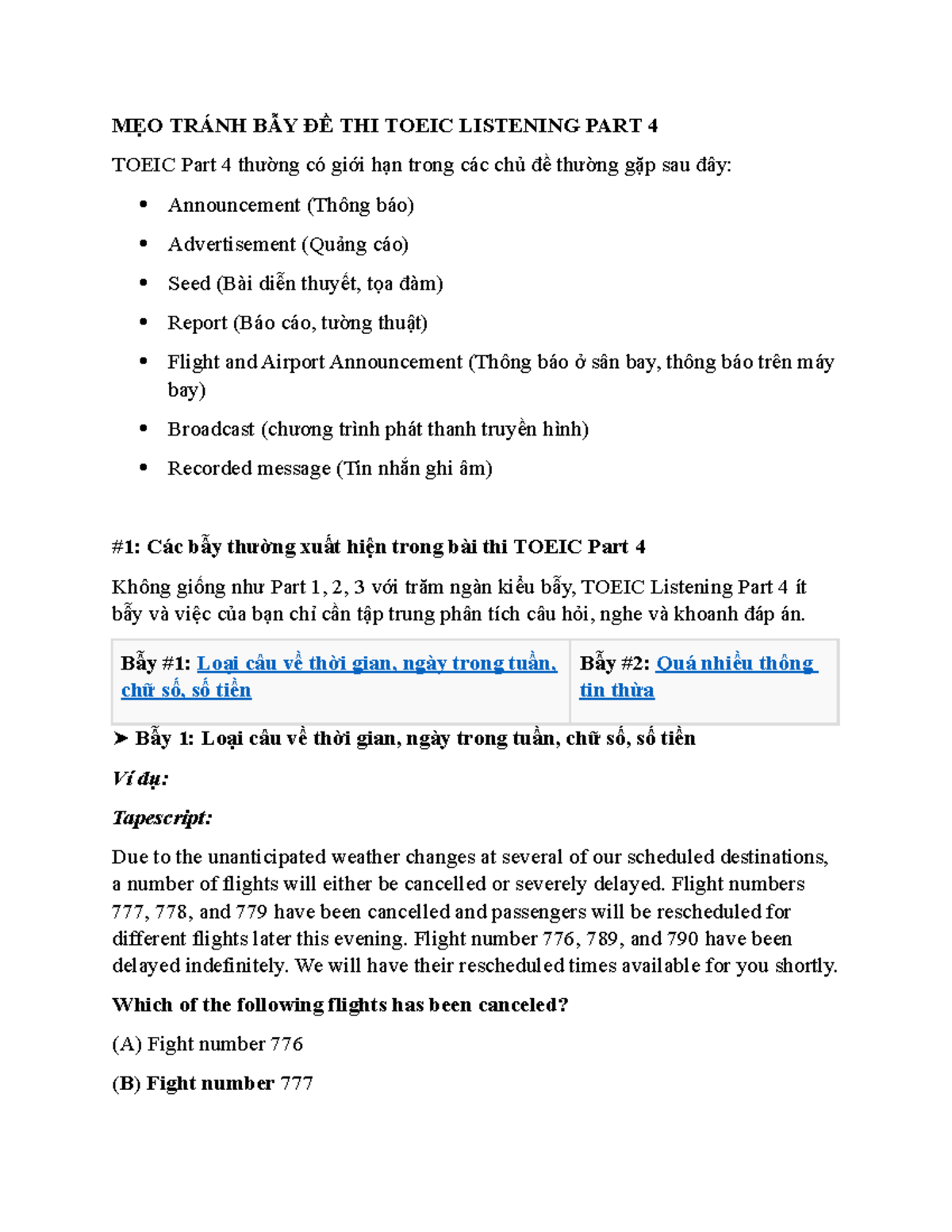 Bay part 3-4 - Toeic - MẸO TRÁNH BẪY ĐỀ THI TOEIC LISTENING PART 4 TOEIC Part 4 thường có giới ...