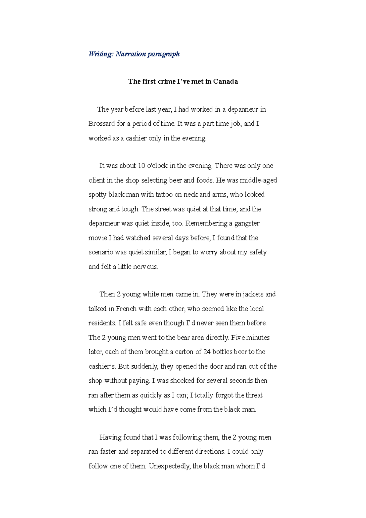 Narrative Paragraph-Student Sample - Writing: Narration paragraph The ...