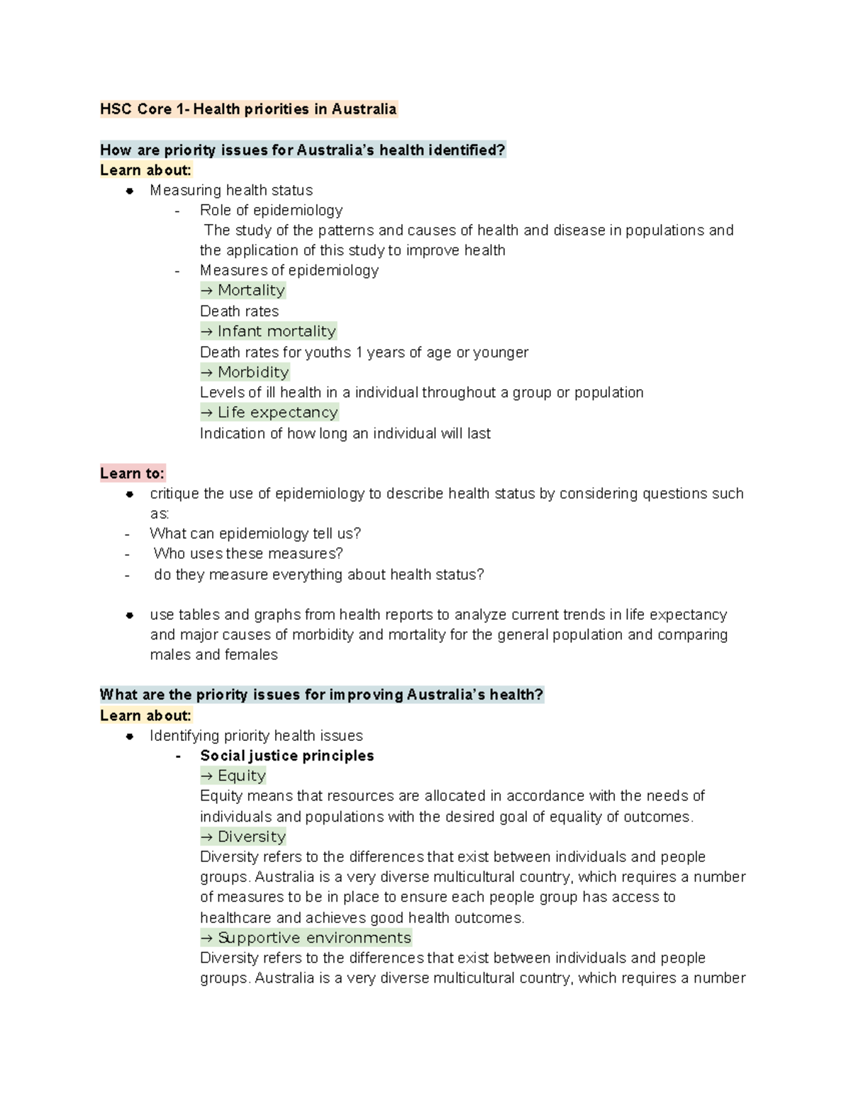 Year 12 PE Study Notes - HSC Core 1- Health priorities in Australia How ...