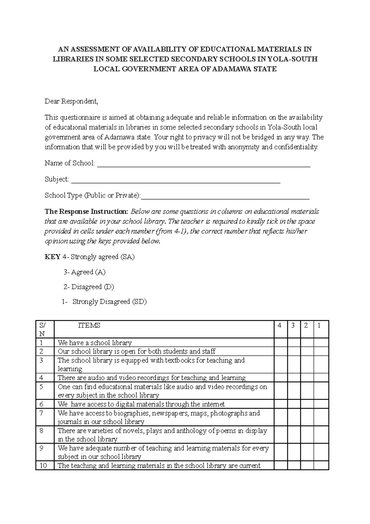 Questionnaire-For Teachers - AN ASSESSMENT OF AVAILABILITY OF ...
