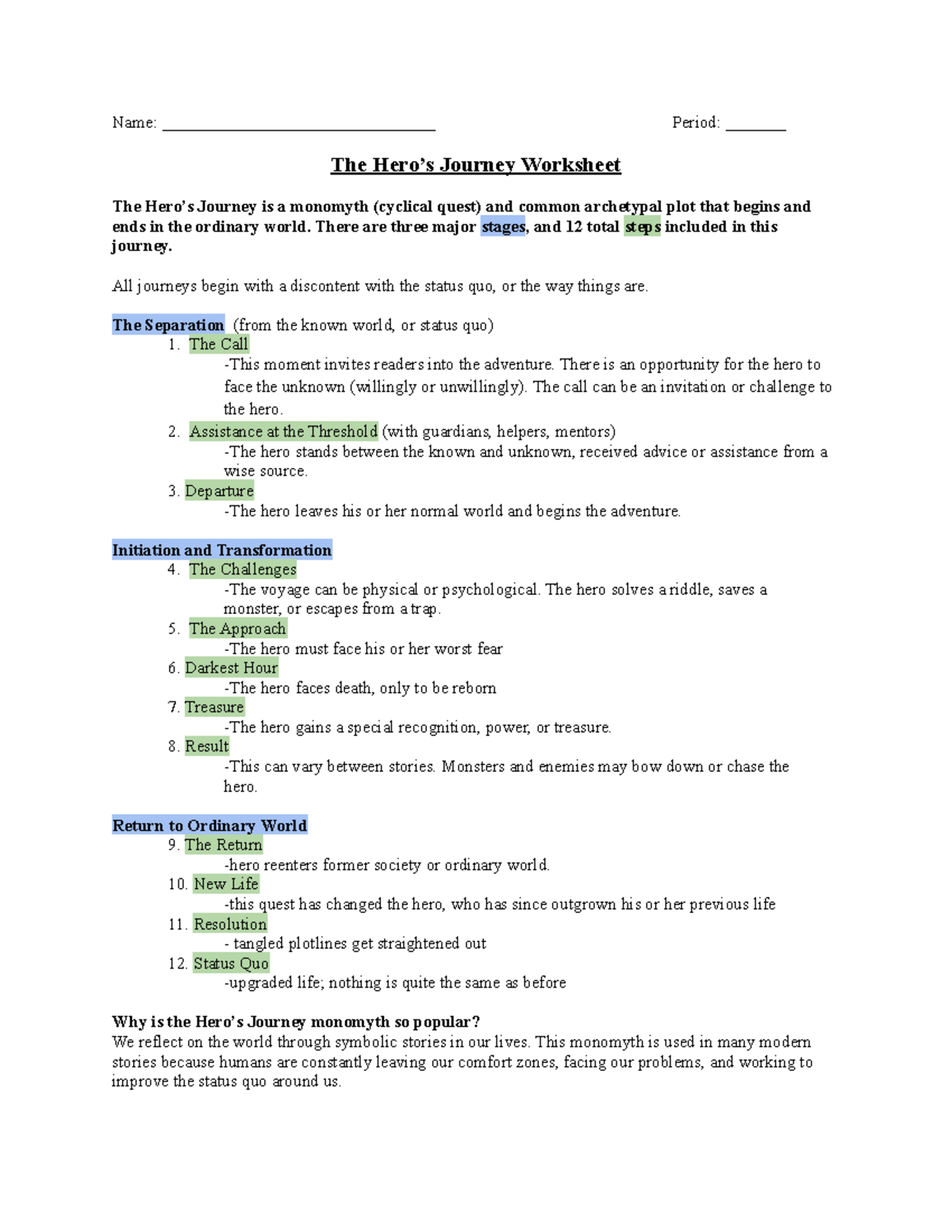 The Heros Journey Worksheet-1 - Name ...