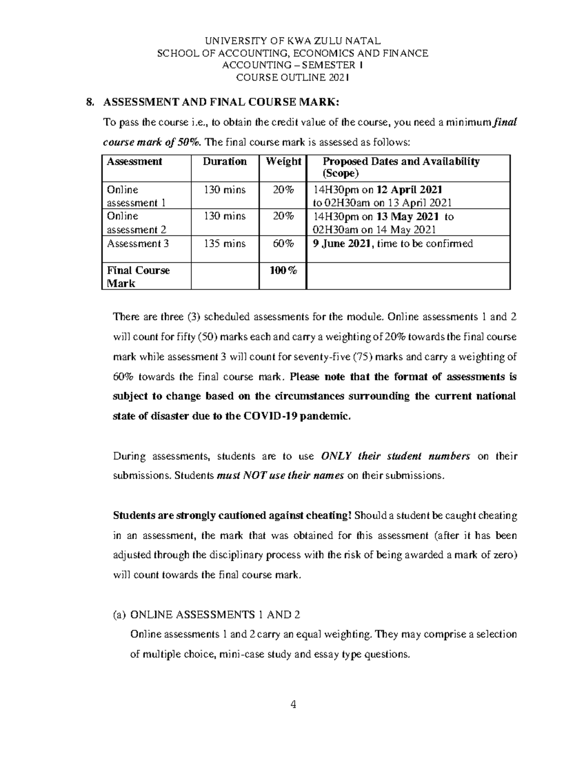 Lecture and assessment per Updated Acct 3A Course Outline 21 March 2021 ...