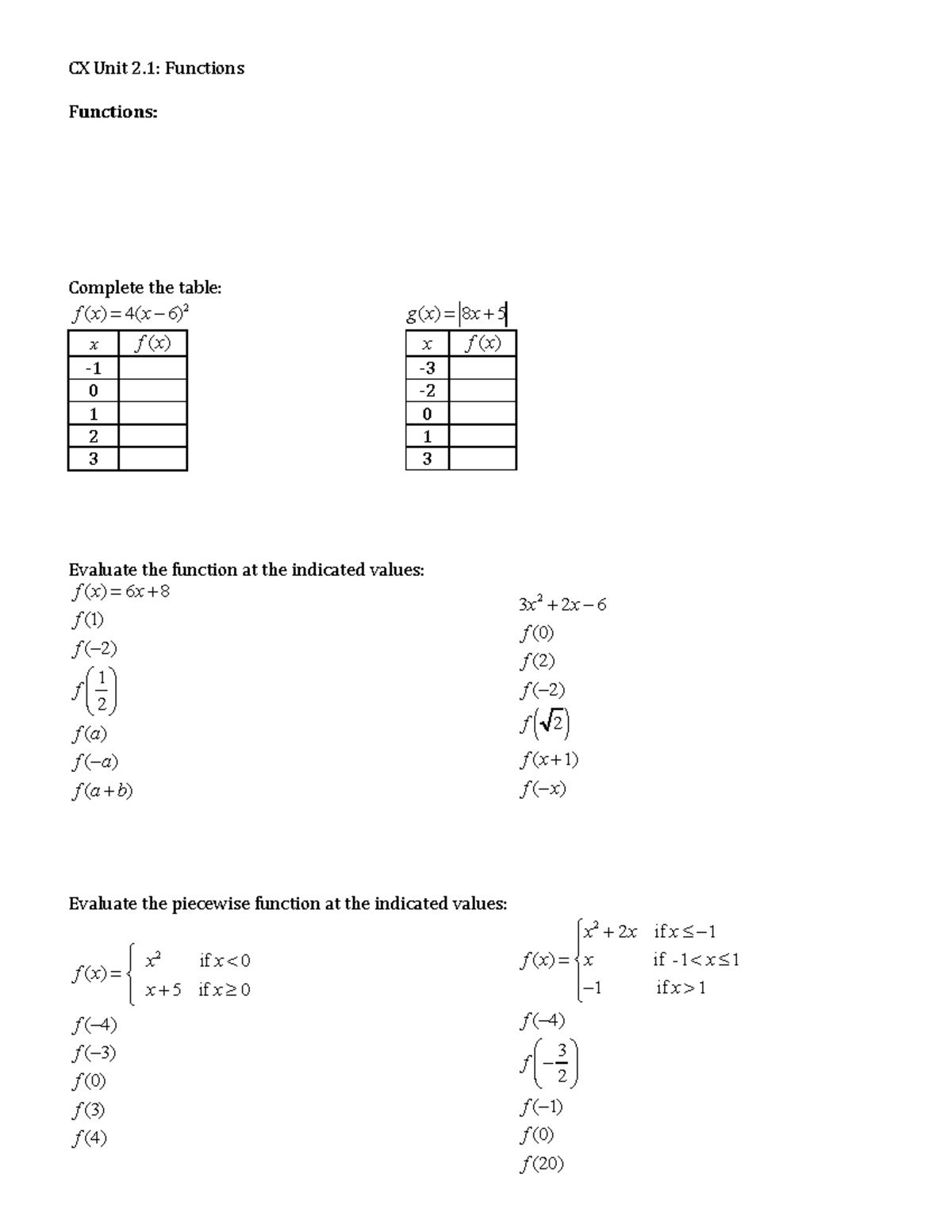 2.1 Notes - CX Unit 2: Functions Functions: Complete the table: f (x ...