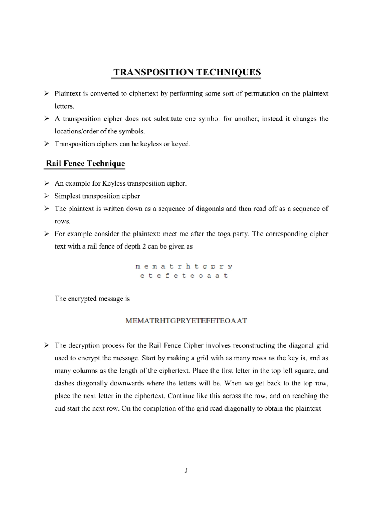 Transposition techniques - Secure Communication - Studocu