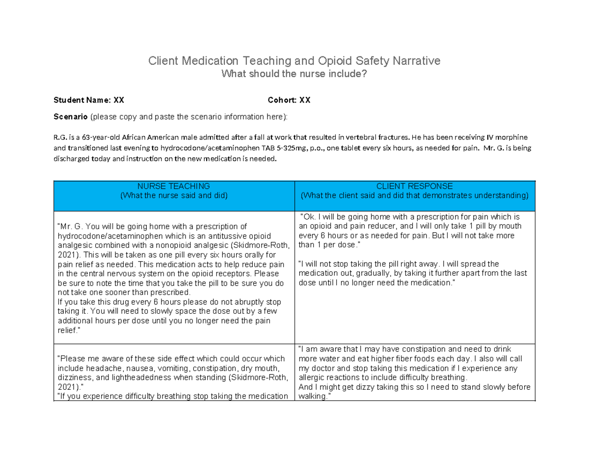 Client Medication Teaching and Opioid Safety Narrative - is a 63-year ...