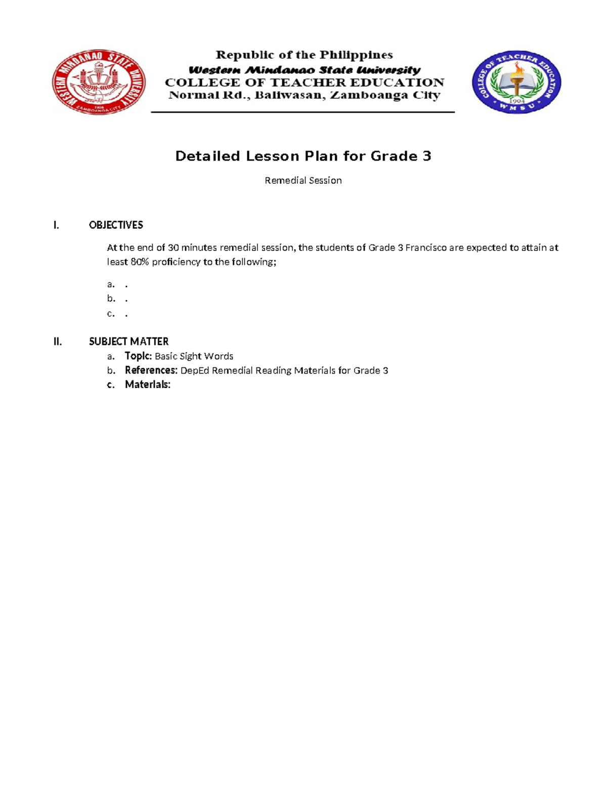 Detailed Lesson Plan for Grade 3 - Technology for Teaching and learning ...