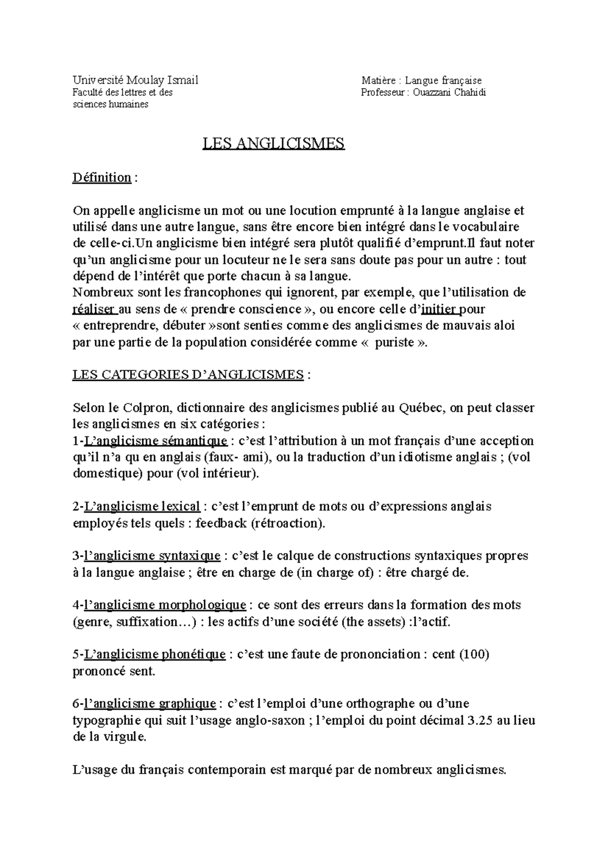LES Anglicismes - Semester 2 - French. - Université Moulay Ismail ...