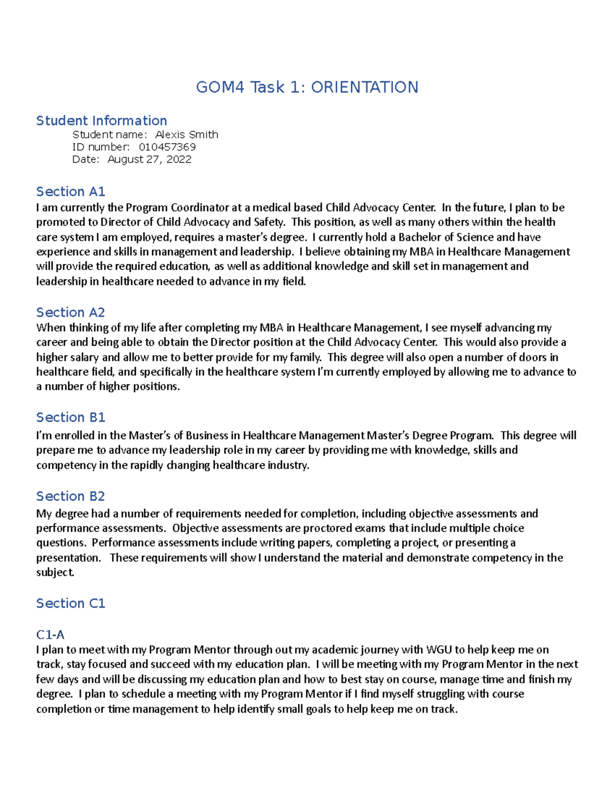 Orientation Assessment - GOM4 Task 1: ORIENTATION Student Information ...
