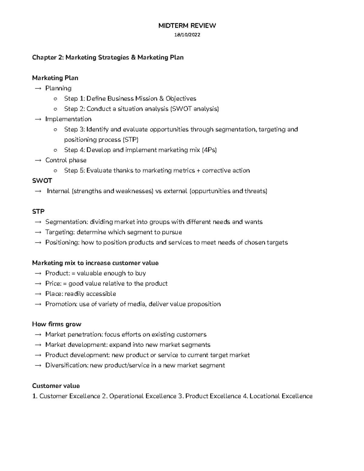 ADM 2320 - ch2 - MIDTERM 1 REVIEW - CH 2 - MIDTERM REVIEW 18/10/ Chapter 2: Marketing Strategies ...
