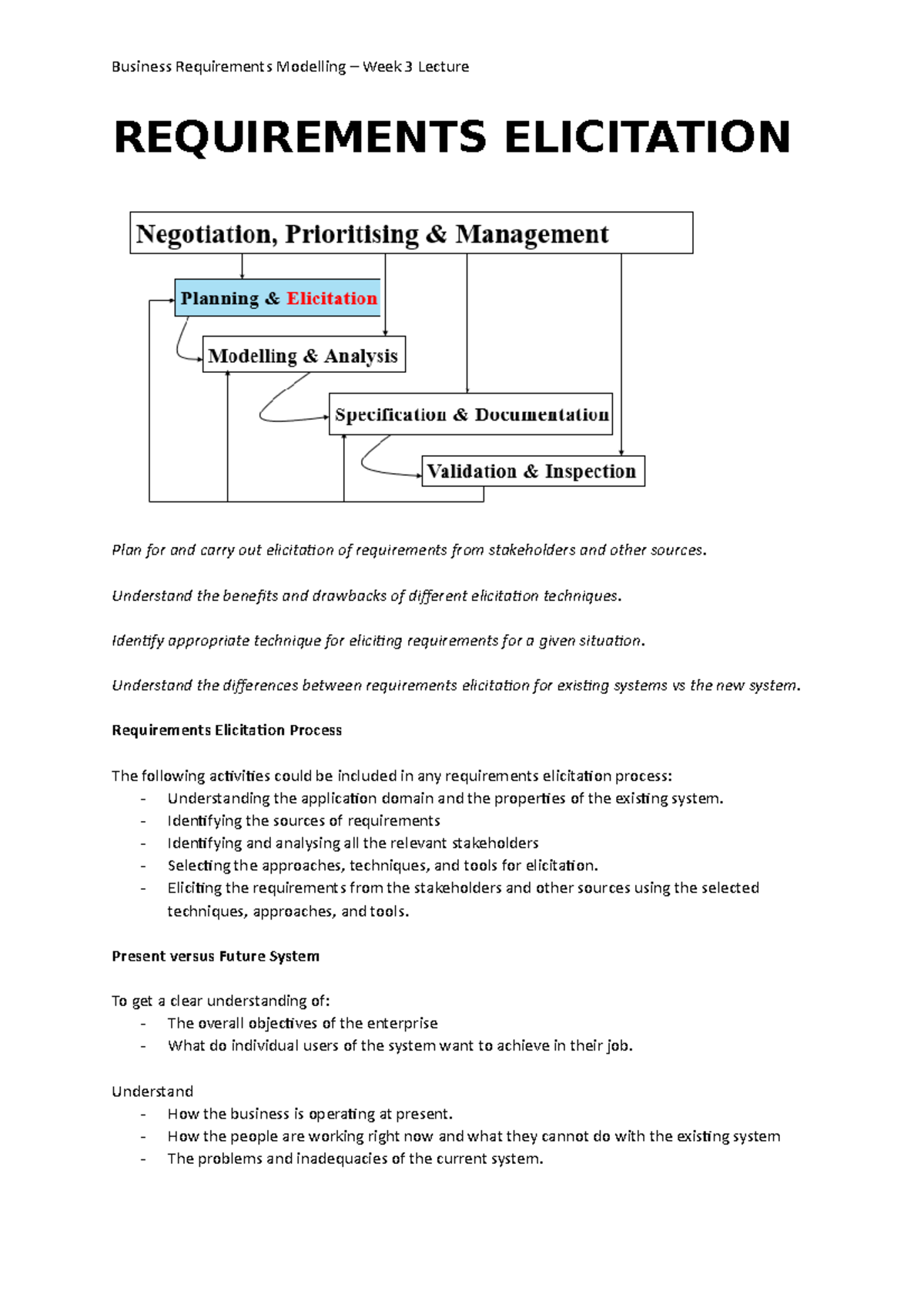 Week 3 BRM - Lecture notes from week 3 - REQUIREMENTS ELICITATION Plan ...