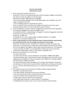 Theories of Personality - Chapter 1 1. Personality: unique combination ...