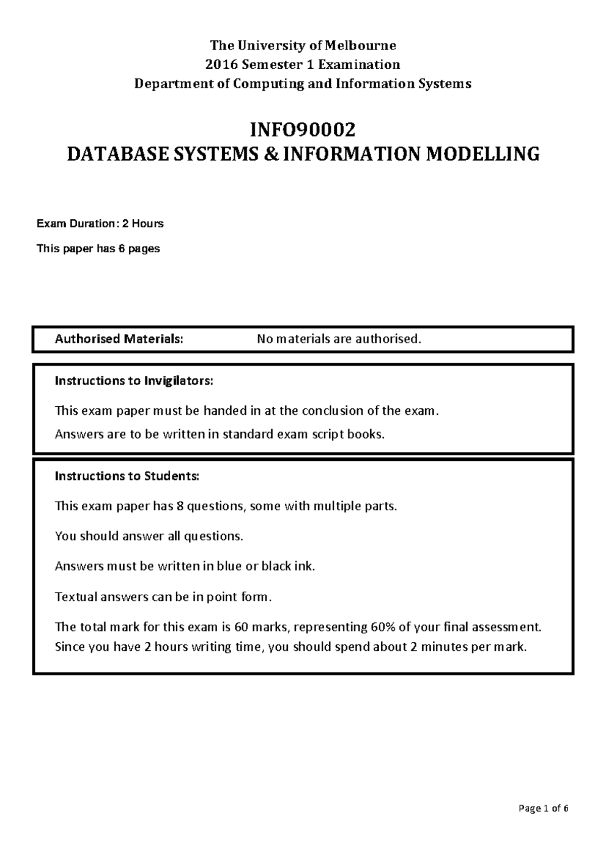 2016 S1 Database Systems & Informatin Modeling Exam - The University of ...