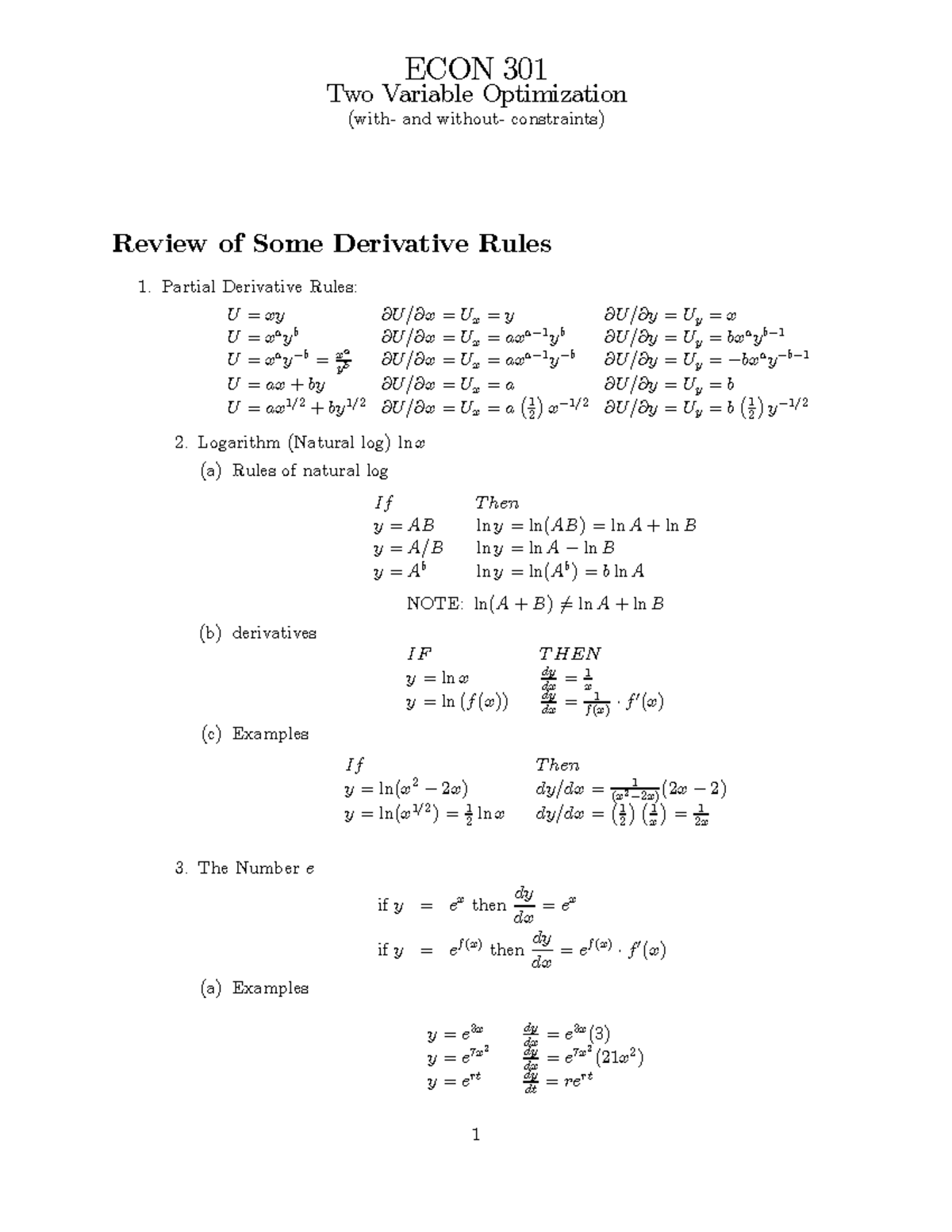 NOTES ON DERIVATIVES OPTIMIZATION PROBLEM with examples - ECON 301 Two ...