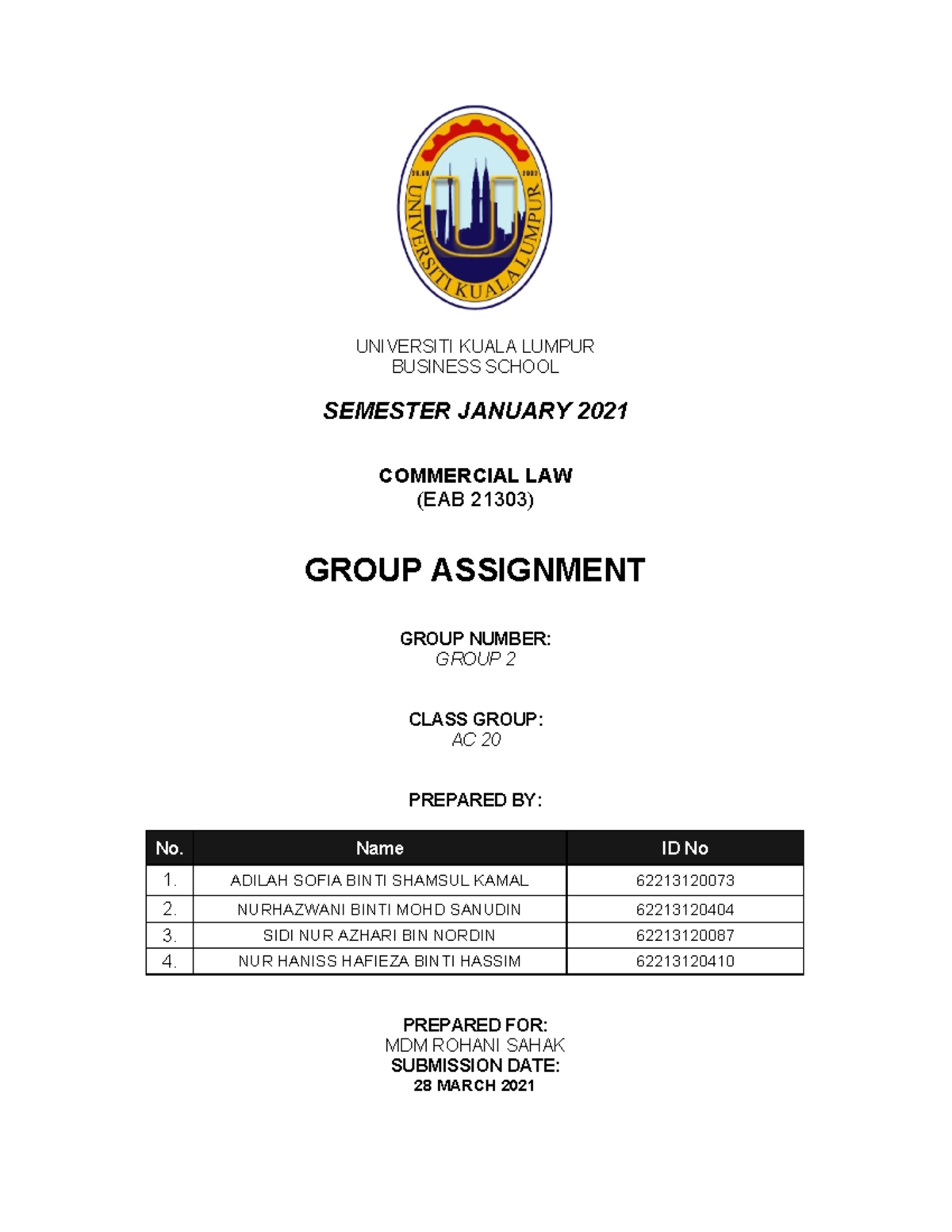 Group Assignment Jan 2021 - UNIVERSITI KUALA LUMPUR BUSINESS SCHOOL ...