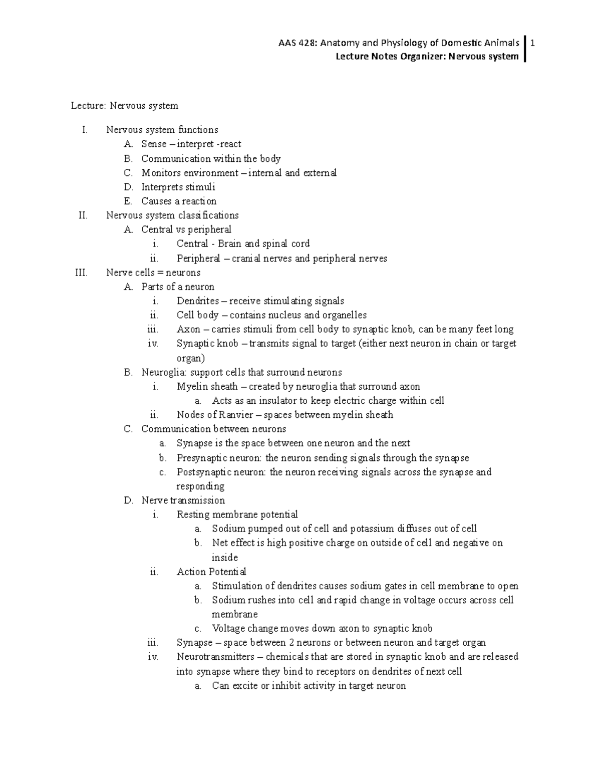 Nervous System Notes - AAS 428: Anatomy and Physiology of Domestic ...
