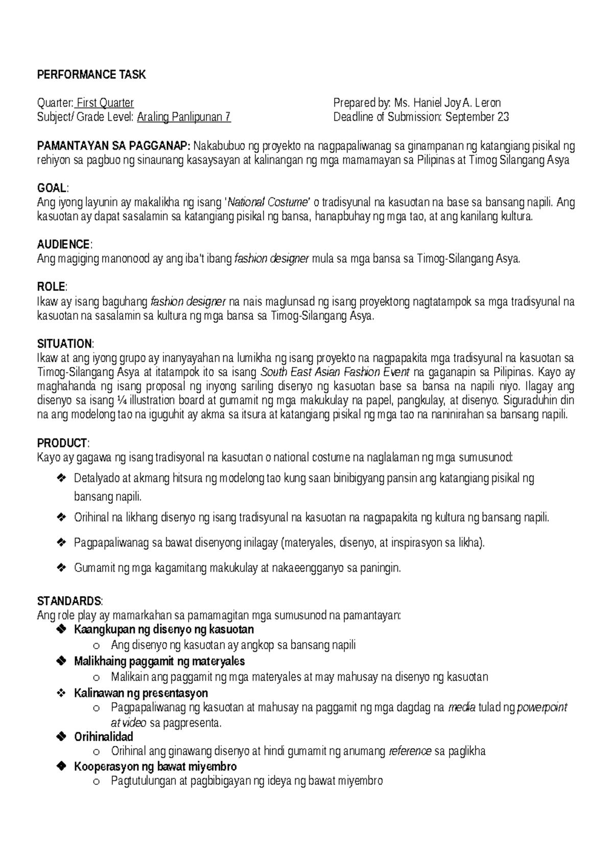 AP 7 - Written Work and Performance Task - PERFORMANCE TASK Quarter: First Quarter Prepared by ...