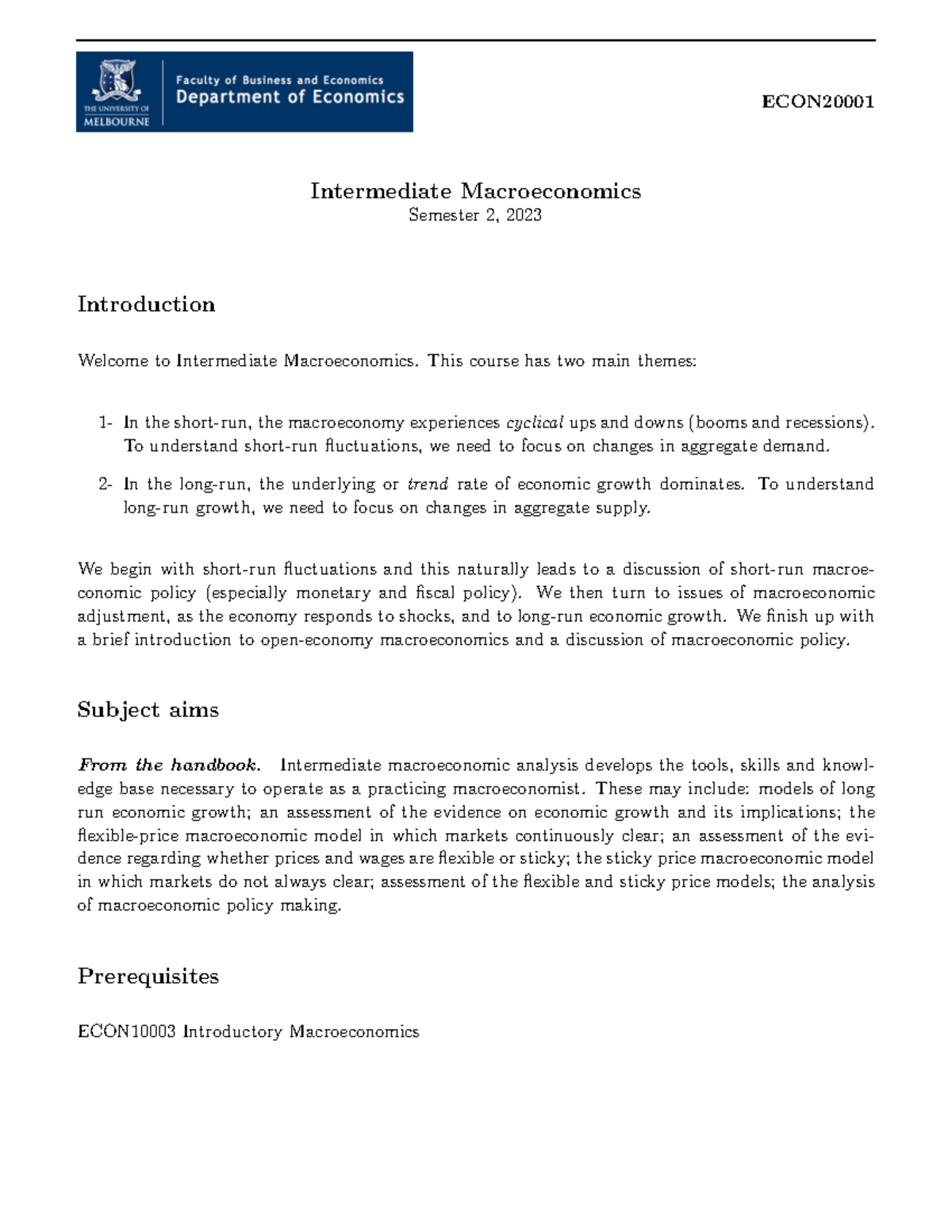 Syllabus - ECON Intermediate Macroeconomics Semester 2, 2023 ...