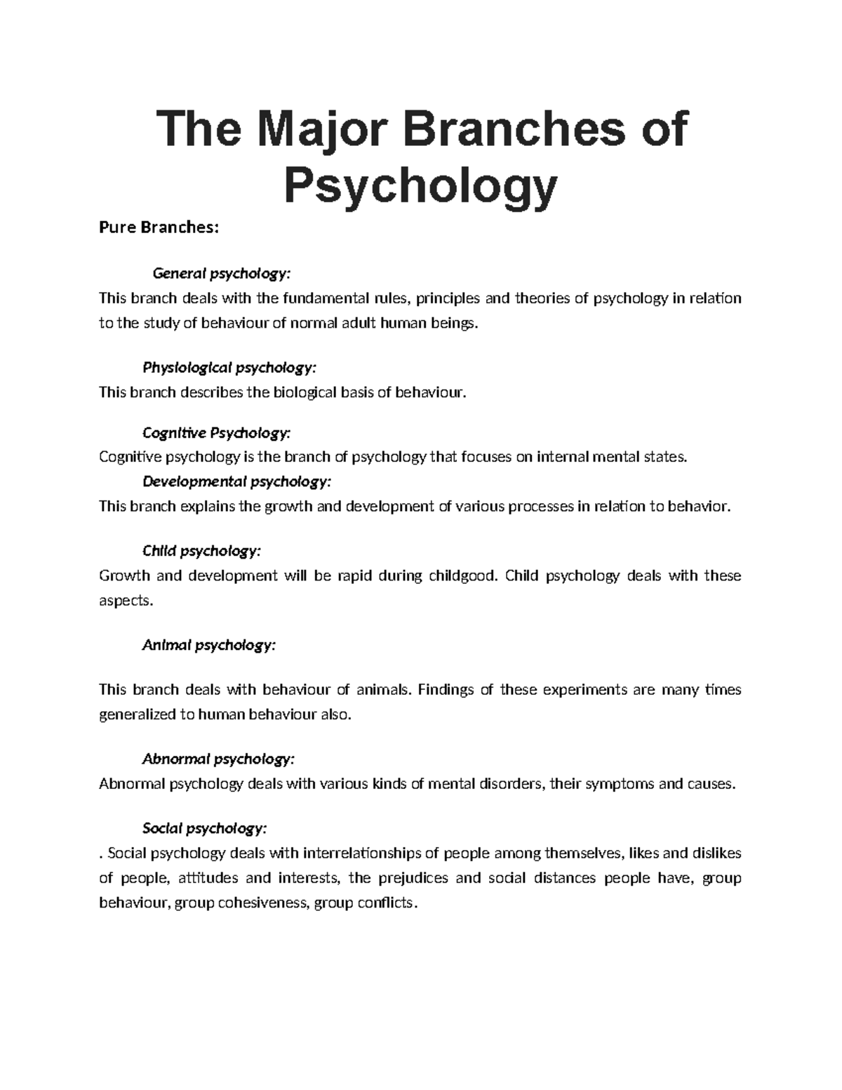 The Major Branches of Psychology - The Major Branches of Psychology ...