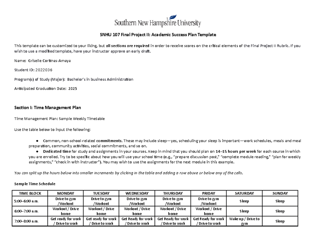 SNHU 107 Final Project II Academic Success Plan Template (3) - SNHU 107 ...