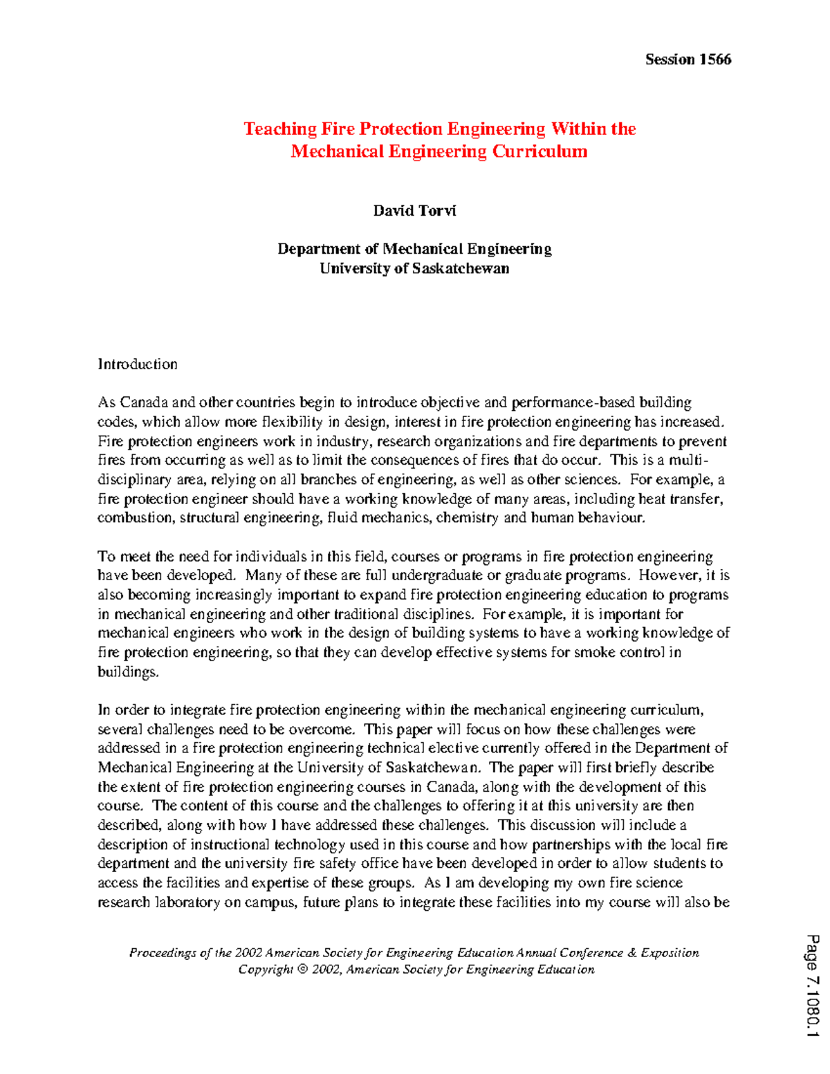 Teaching fire protection engineering within the mechanical engineering ...