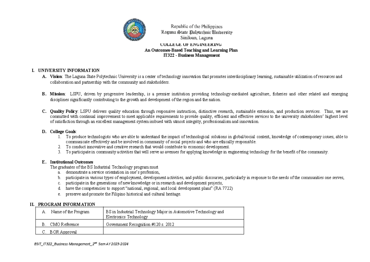 Business Management Syllabus - COLLEGE OF ENGINEERING An Outcomes-Based ...