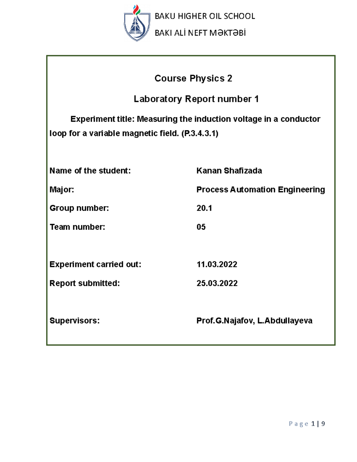 Kanan Shafizada physics report 3 4 3 1 - Course Physics 2 Laboratory ...