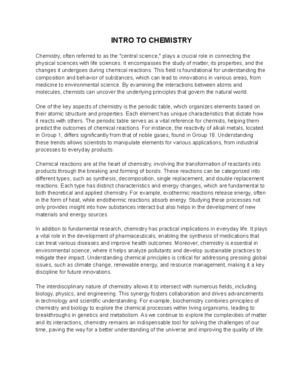 1st year chem - useful - INTRO TO CHEMISTRY Chemistry, often referred ...