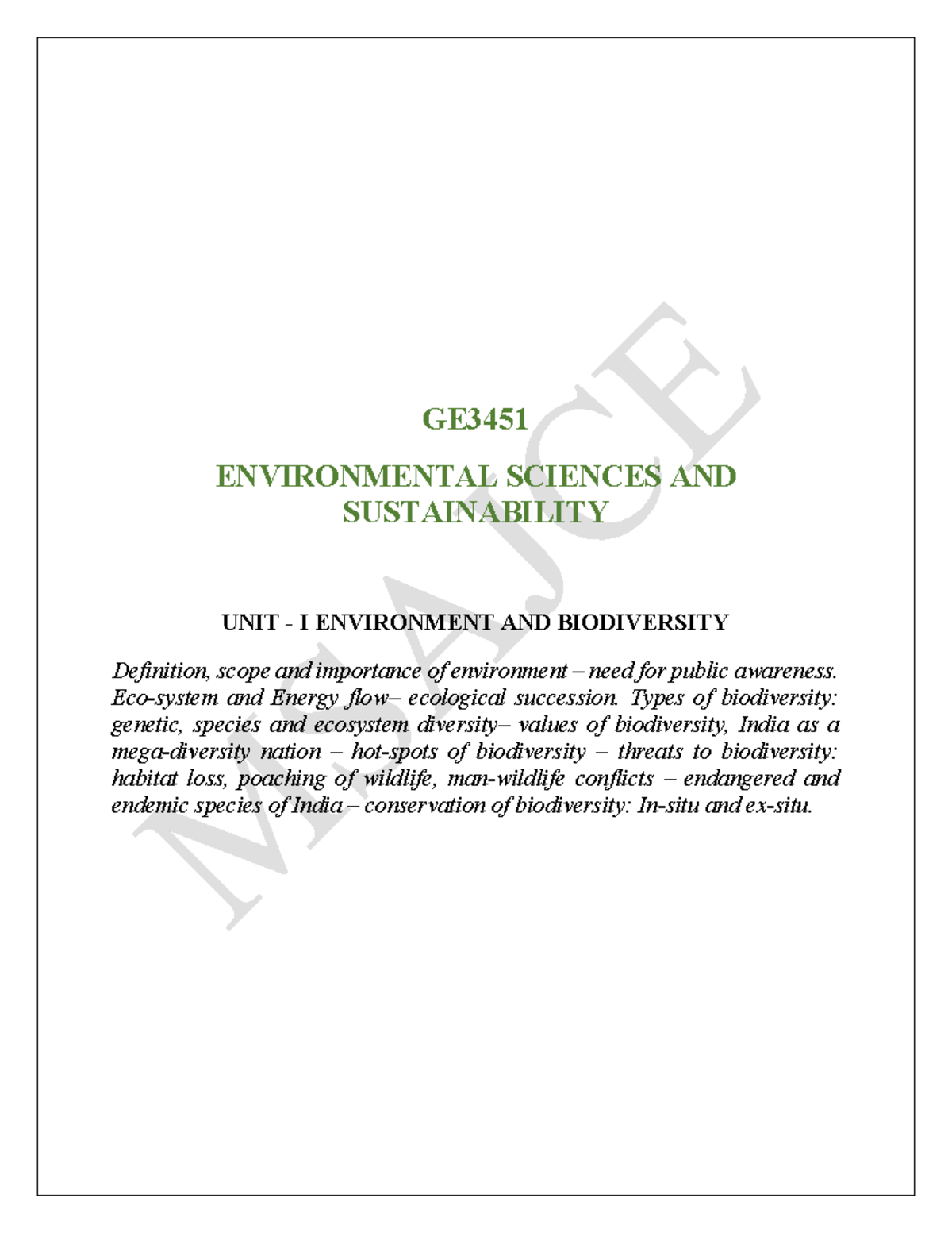 Ess unit 1 - GE ENVIRONMENTAL SCIENCES AND SUSTAINABILITY UNIT - I ...