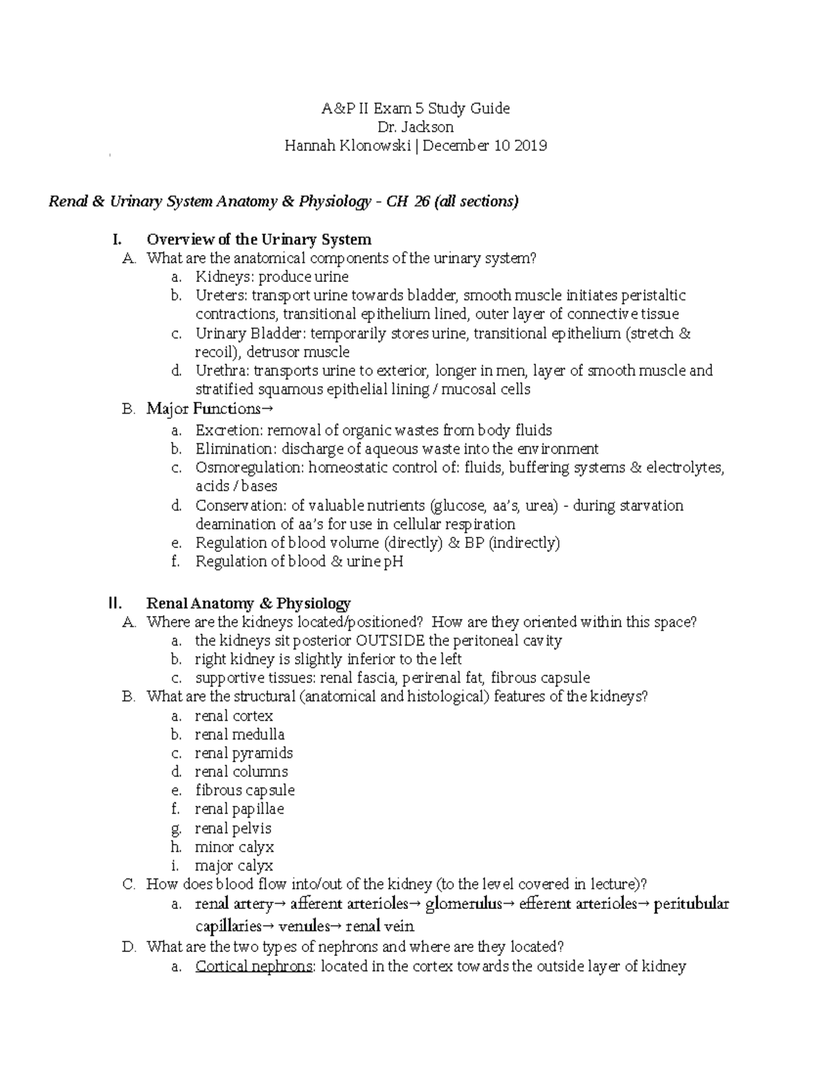 A&P II Urinary System Study Guide - A&P II Exam 5 Study Guide Dr ...