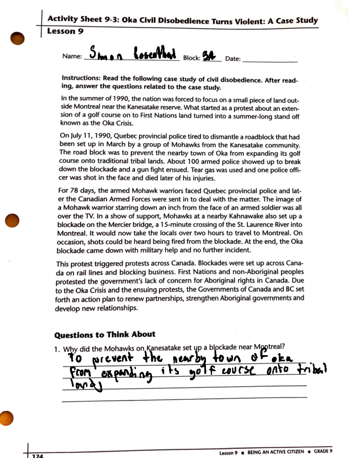 Oka crisis assignment - Woek - • • Activity Sheet 9-3: Oka Civll ...