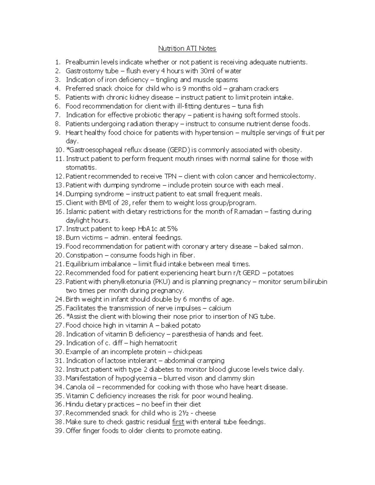 Nutrition ATI Notes - ATI 2019 - Nutrition ATI Notes Prealbumin levels ...