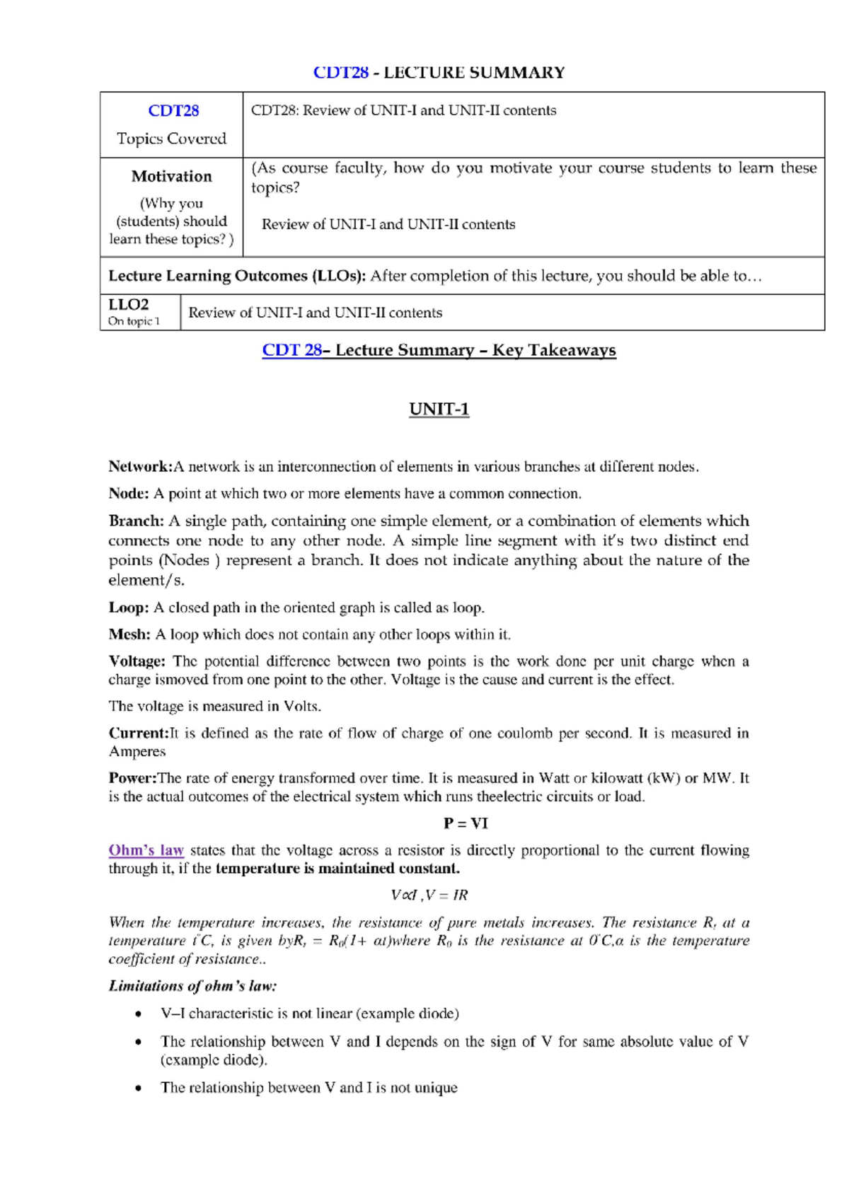 BEE CDT28 - BEE Important Summaries - Basic Electrical Engineering - Studocu