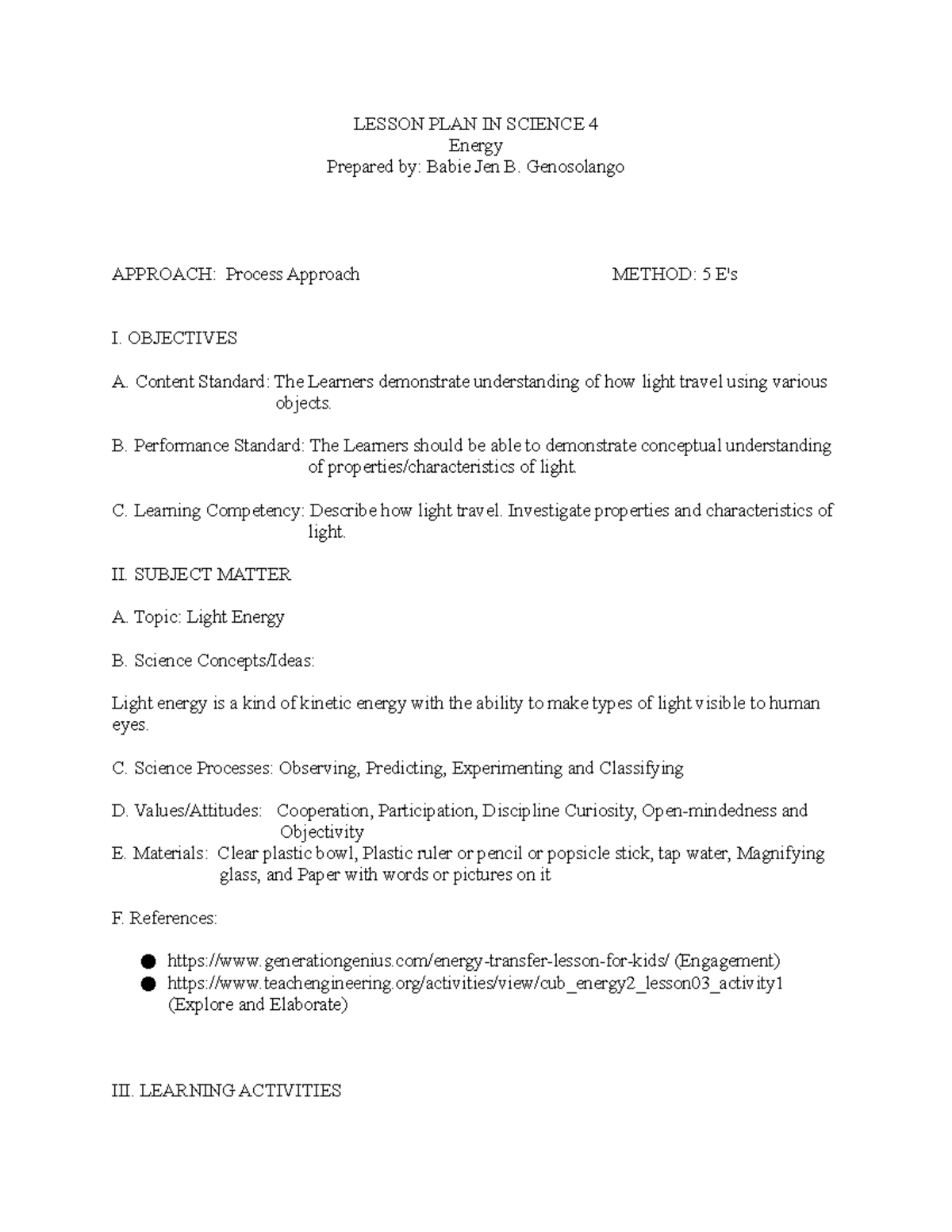 Lesson PLan on Energy Grade 4 - LESSON PLAN IN SCIENCE 4 Energy ...