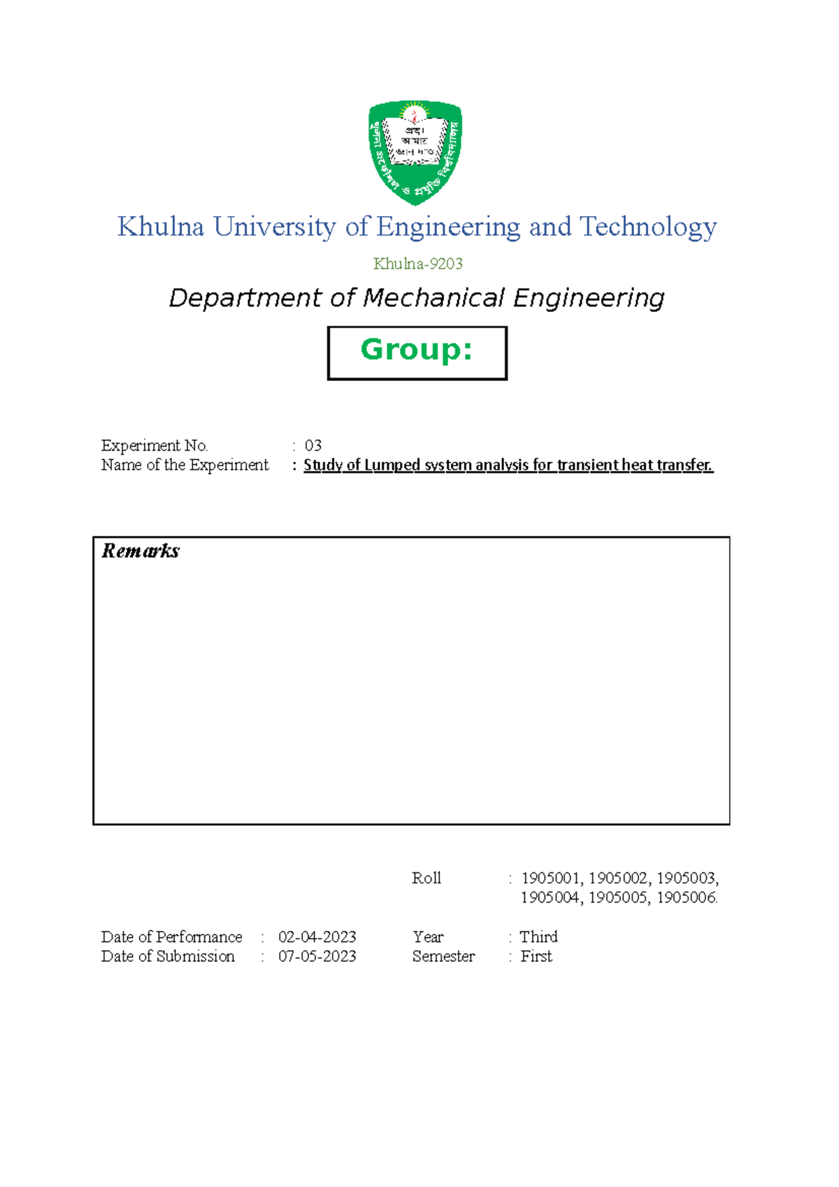 ME3106 Experiment-03 - Experiment No. : 03 Name of the Experiment : Study of Lumped system ...
