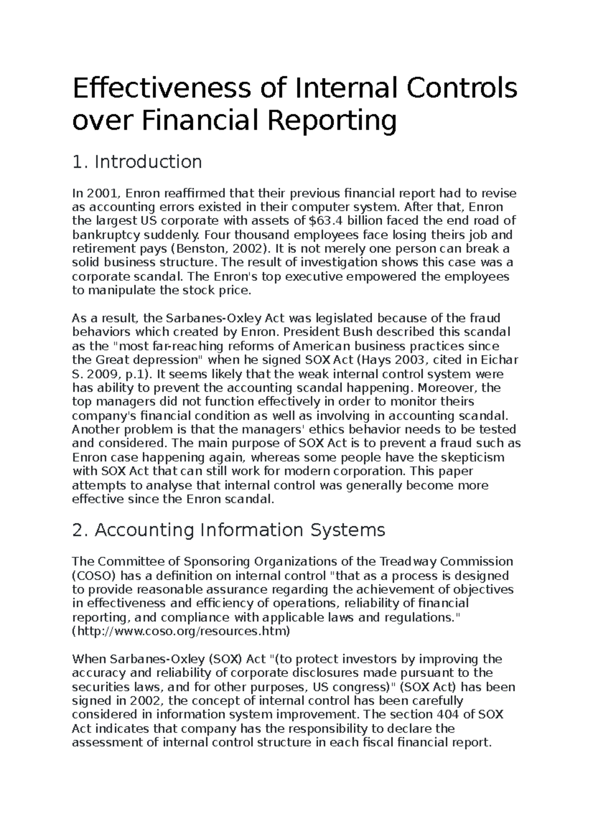 Effectiveness of Internal Controls over Financial Reporting ...
