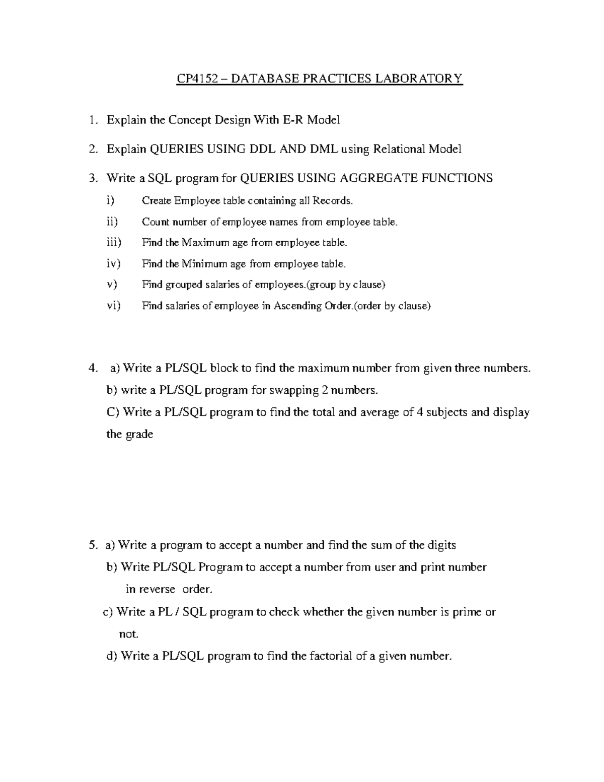 CP4152-database practice lab - CP4152 – DATABASE PRACTICES LABORATORY 1 ...