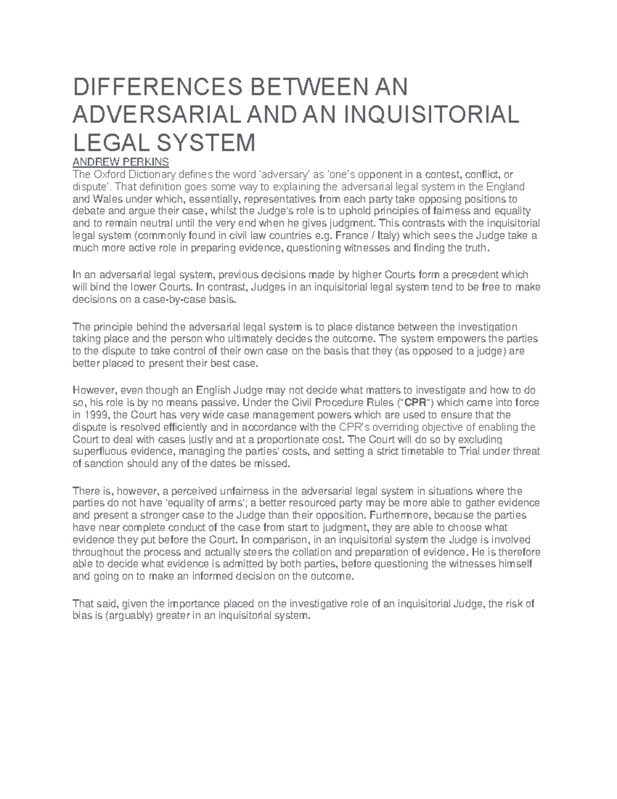 Differences Between AN Adversarial AND AN Inquisitorial Legal System ...