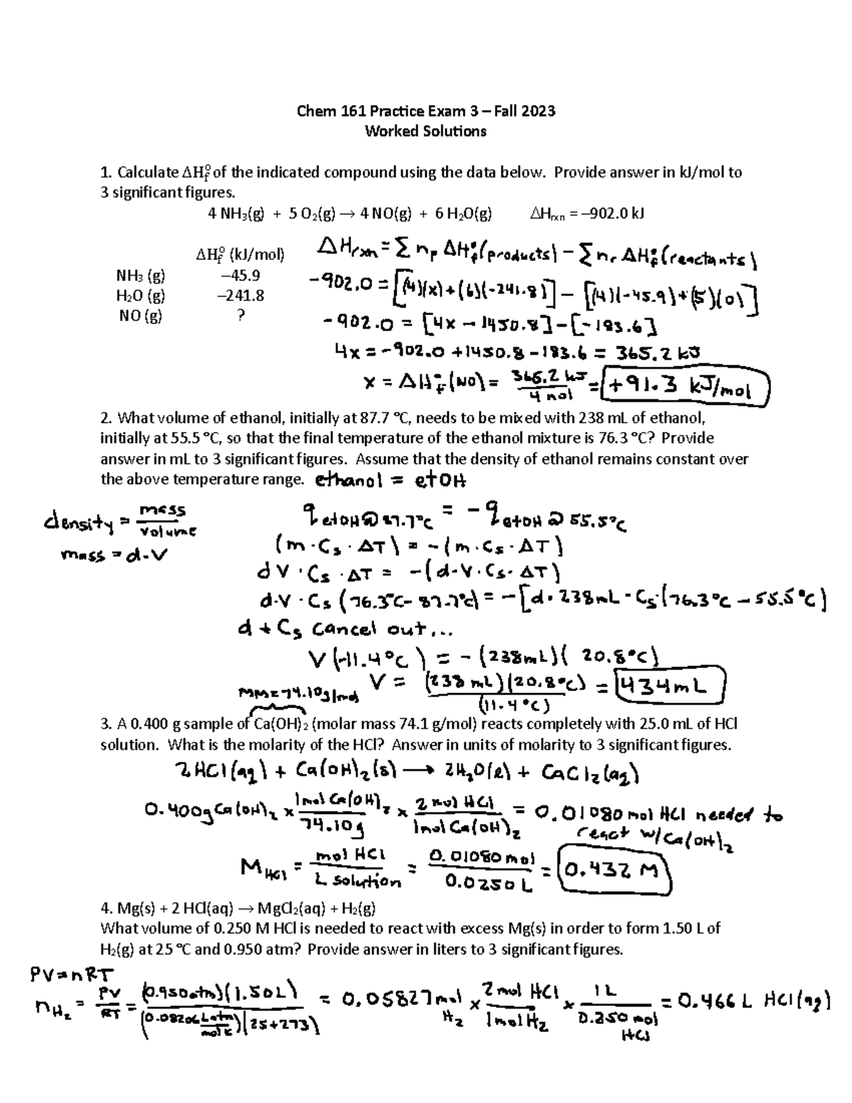 Practice exam 3 solutions 161 - Chem 161 Practice Exam 3 – Fall 2023 Worked Solutions Calculate ...