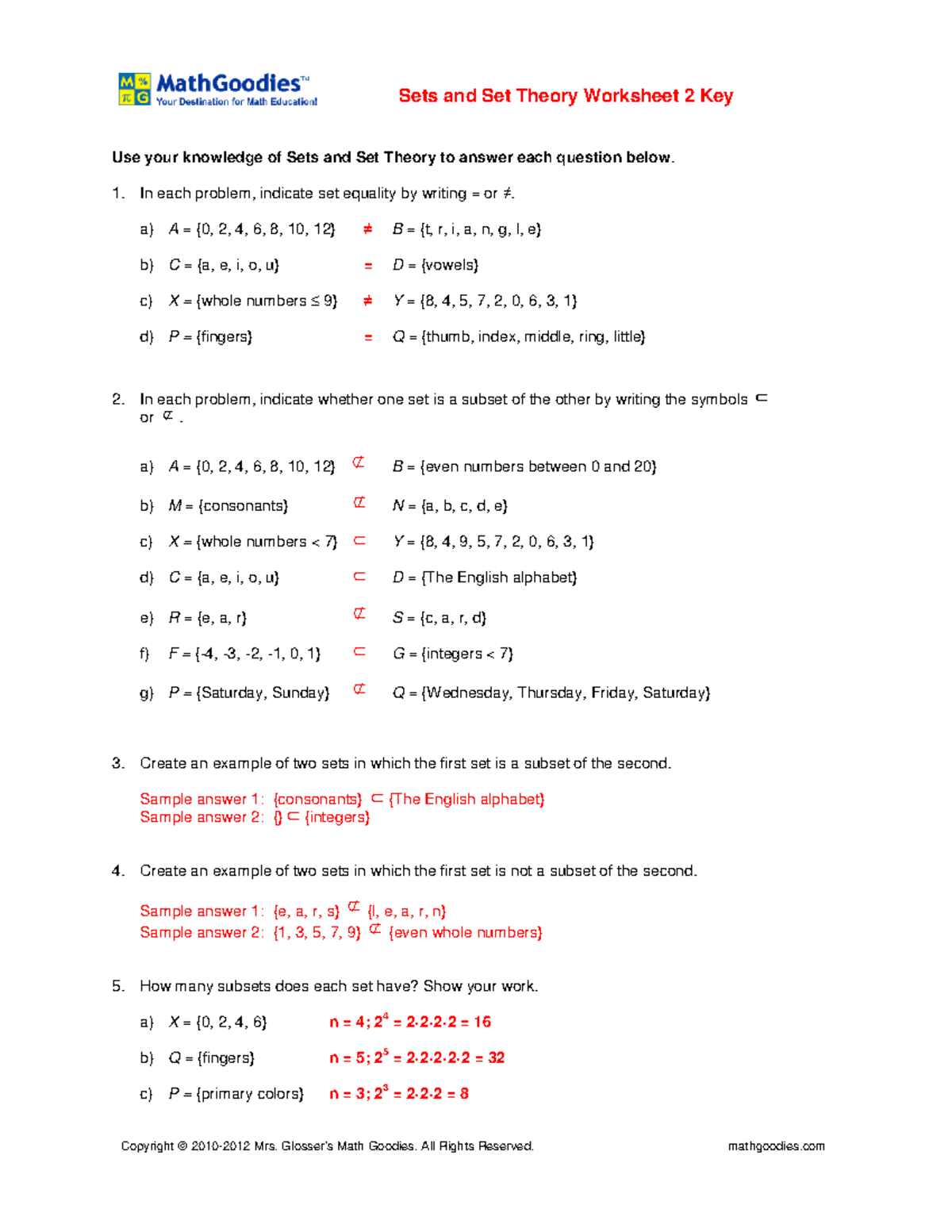 Unit15 wks2 key - Sets and Set Theory Worksheet 2 Key Use your ...