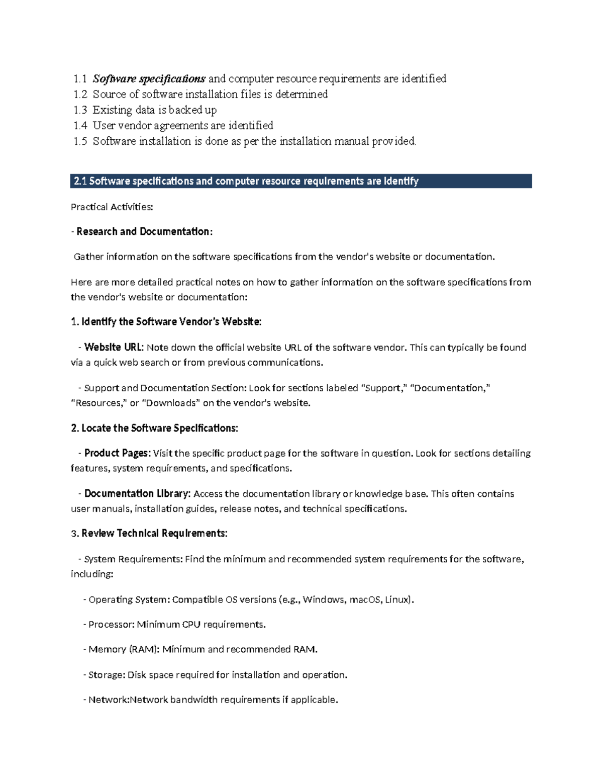 Install computer software - 1 Software specifications and computer ...