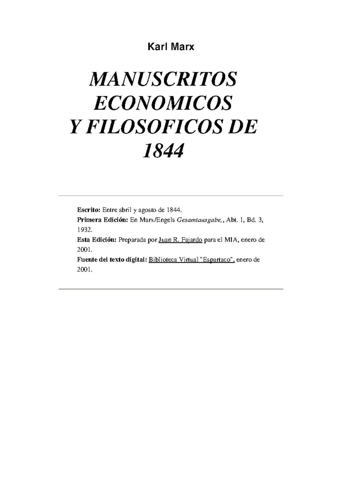 MARX-Manuscritos 1844 Karl marx - Karl Marx MANUSCRITOS ECONOMICOS Y ...